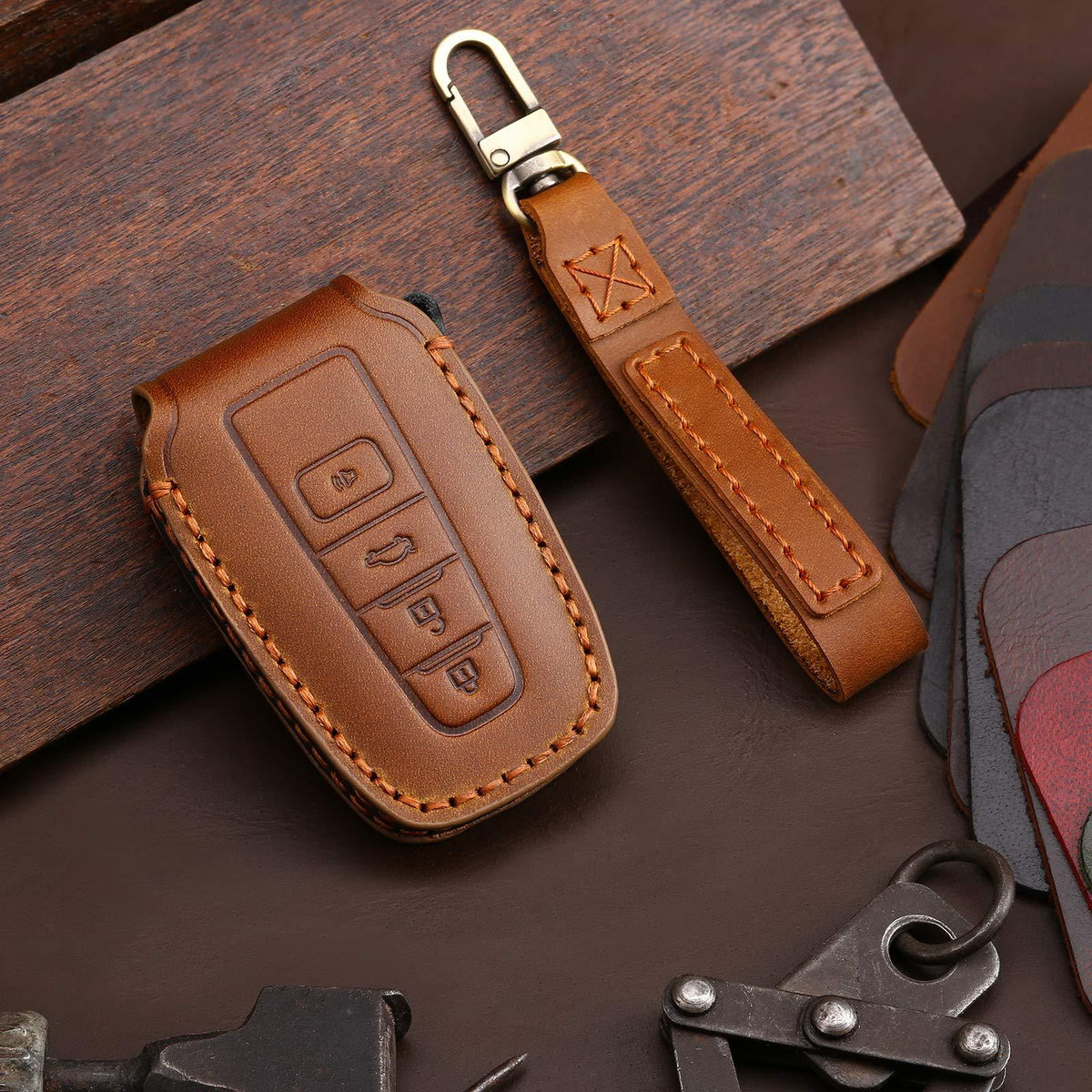 3W Toyota RAV4 Key Fob Cover Case 360 Degree Protection Genuine Leather ...
