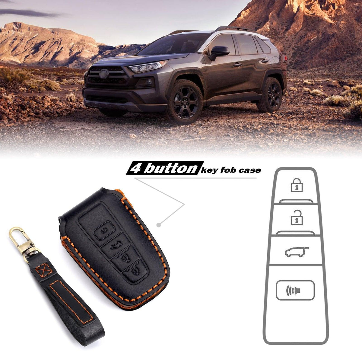 3W Toyota RAV4 Key Fob Cover Case 360 Degree Protection Genuine Leather ...