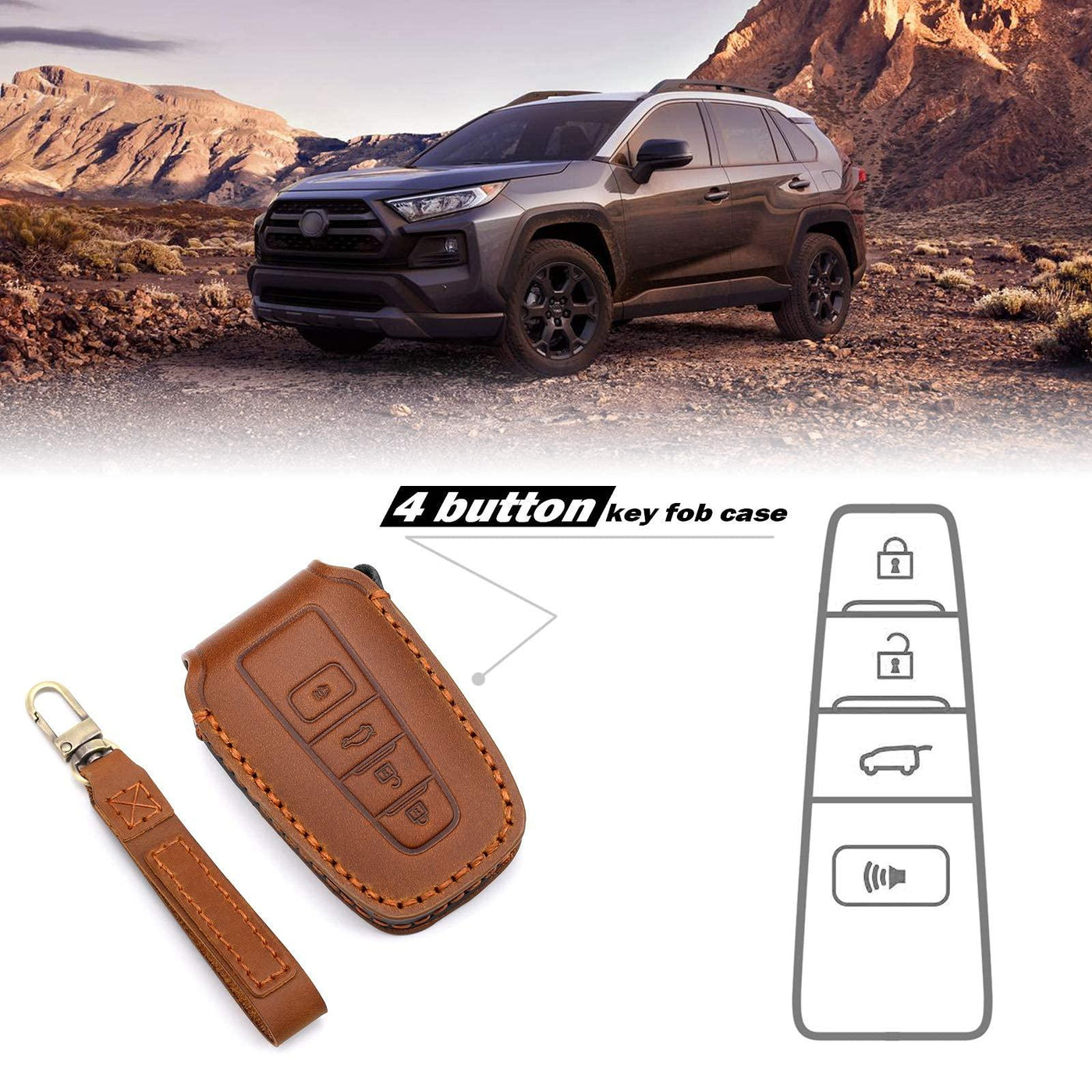 3W Toyota RAV4 Key Fob Cover Case 360 Degree Protection Genuine Leather ...